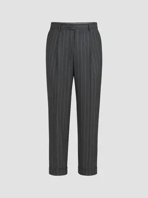 Brunello Cucinelli Super 150s Virgin Wool Wide Chalk Stripe Batavia Trousers With Pleats - Grey