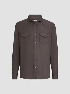 Brunello Cucinelli Gart Dyed Easy Fit Western Shirt In Cotton Chevron - Brown