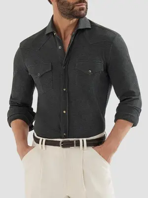 Brunello Cucinelli Cotton Piqué Western Shirt - Anthracite