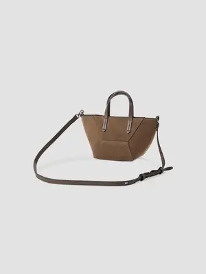 Brunello Cucinelli Duo Mini Top Handle Bag In Suede With Monili - Bark