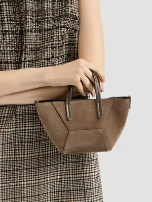 Brunello Cucinelli Duo Mini Top Handle Bag In Suede With Monili - Bark