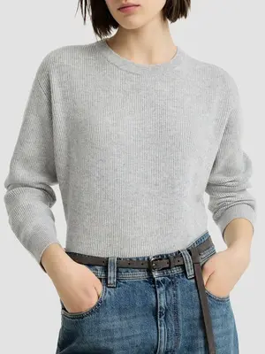 Brunello Cucinelli Cashmere English Rib Sweater With Monili - Light Grey