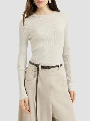 Brunello Cucinelli Sparkling Cashmere And Silk Rib Knit Lightweight Sweater - Milk