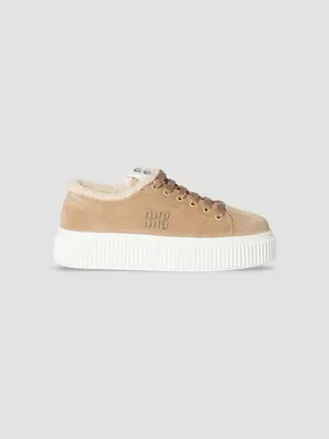 Miu Miu Suede And Shearling Sneakers - Beige Khaki