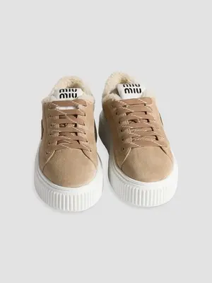 Miu Miu Suede And Shearling Sneakers - Beige Khaki