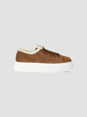 Miu Miu Suede And Shearling Sneakers Brown