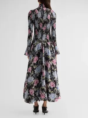Cinq À Sept Ise Dahlia-print Smocked Maxi Dress