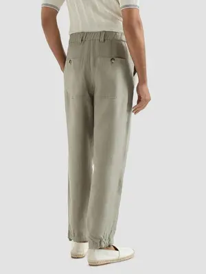 Brunello Cucinelli Linen Micro Chevron Trousers With Drawstrings - Sage