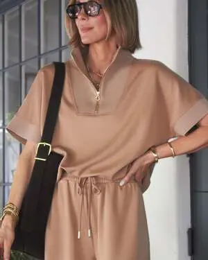 Splendid X @cellajaneblog Scubasoft Short Sleeve Quarter-zip Sweatshirt - Praline