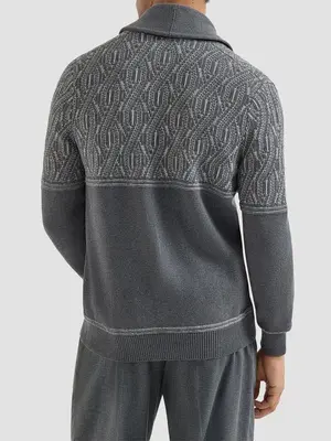 Brunello Cucinelli Cotton Shawl Collar Cardigan With Jacquard Cable Shoulder