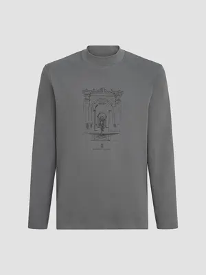 Brunello Cucinelli Cotton Interlock Long Sleeve T-shirt With Mock Neck And Print - Medium Grey