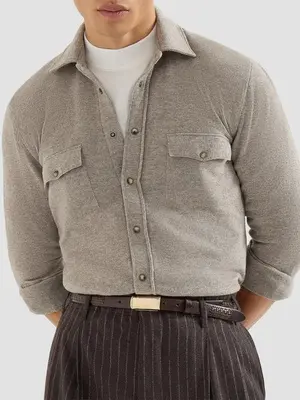 Brunello Cucinelli Virgin Wool, Cashmere And Silk Knit Shirt - Stone Grey