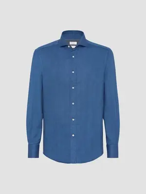 Brunello Cucinelli Stretch Cotton Chevron Flannel Shirt With Spread Collar Blue
