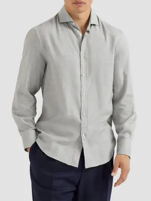 Brunello Cucinelli Stretch Cotton Chevron Flannel Shirt With Spread Collar - Grey