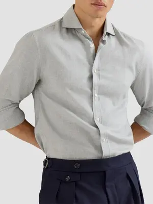 Brunello Cucinelli Stretch Cotton Chevron Flannel Shirt With Spread Collar - Grey