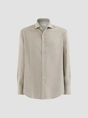 Brunello Cucinelli Stretch Cotton Chevron Flannel Shirt With Spread Collar - Stone