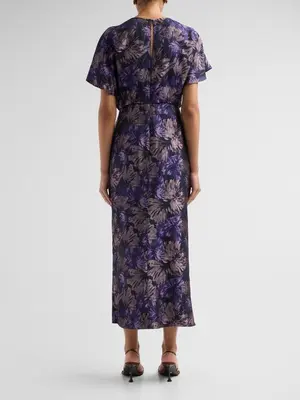 Amsale Floral Jacquard Draped Midi Dress