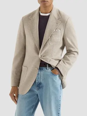 Brunello Cucinelli Cashmere Panama Deconstructed Blazer With Patch Pockets - Sand