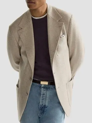 Brunello Cucinelli Cashmere Panama Deconstructed Blazer With Patch Pockets - Sand