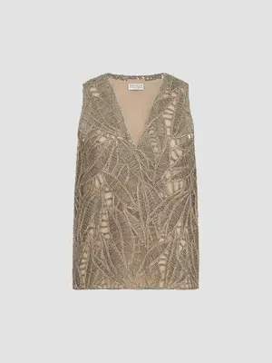 Brunello Cucinelli Linen And Cotton Dazzling Cacao Leaves Embroidery Top - Rope