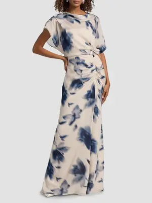 Amsale Blurred Floral Draped A-line Gown