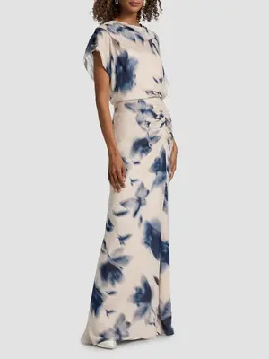 Amsale Blurred Floral Draped A-line Gown