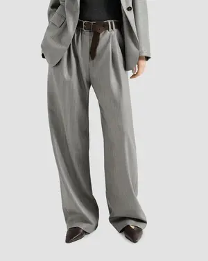 Brunello Cucinelli Sparkling Virgin Wool Pinstripe Wide Leg Pants With Monili