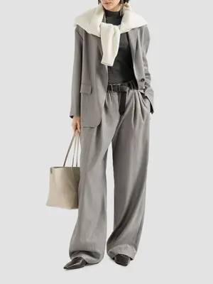 Brunello Cucinelli Sparkling Virgin Wool Pinstripe Wide Leg Pants With Monili