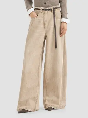 Brunello Cucinelli Authentic Denim Wide Jeans With Monili - Sand