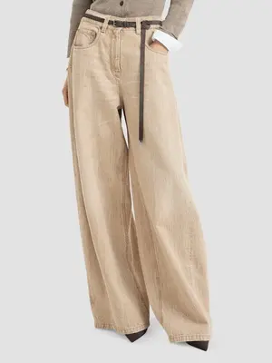 Brunello Cucinelli Authentic Denim Wide Jeans With Monili - Sand