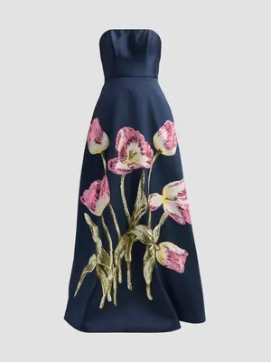 Amsale Brocade Strapless Watteau Gown - Navy