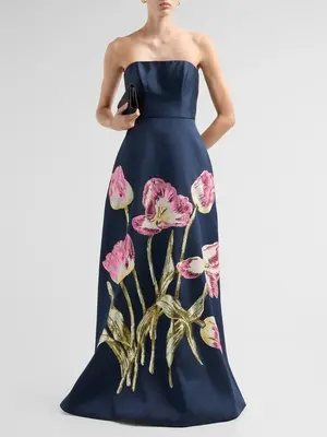 Amsale Brocade Strapless Watteau Gown