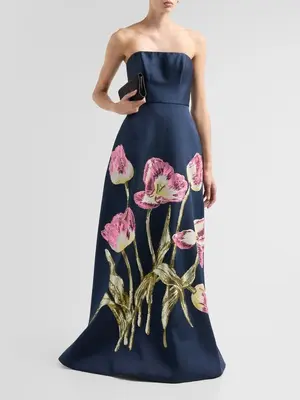 Amsale Brocade Strapless Watteau Gown