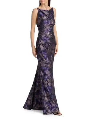 Amsale Floral Pleated Sleeveless Gown