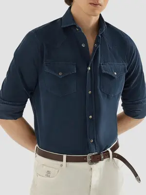 Brunello Cucinelli Gart Dyed Easy Fit Western Shirt - Blue
