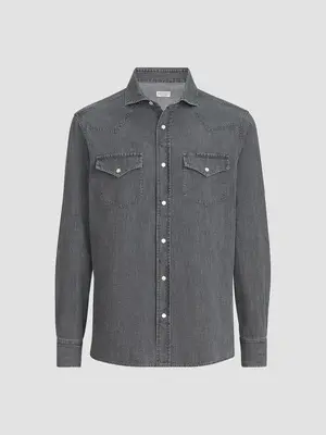 Brunello Cucinelli Lightweight Denim Easy Fit Western Shirt - Dark Grey