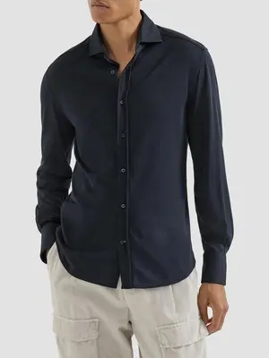 Brunello Cucinelli Silk And Cotton Lightweight Jersey Shirt With Spead Collar - Blue