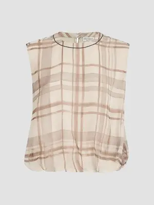Brunello Cucinelli Silk Organza T-shirt In Macrocheck Print With Shiny Neck Detail - Beige