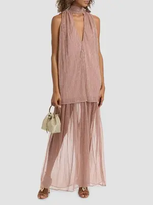 Black Halo Valoria Metallic Plissé Maxi Dress