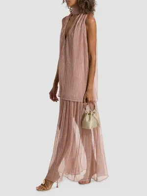 Black Halo Valoria Metallic Plissé Maxi Dress