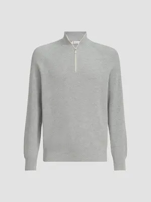 Brunello Cucinelli Cotton English Rib Sweater With Half Zip - Light Grey