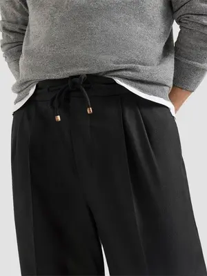 Brunello Cucinelli Virgin Wool Flannel Trousers With Drawstring And Double Pleats - Black