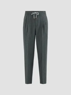 Brunello Cucinelli Virgin Wool Flannel Trousers With Drawstring And Double Pleats - Dark Grey