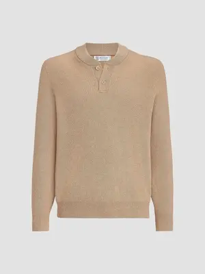 Brunello Cucinelli Cashmere English Rib Sweater With Henley Collar - Camel