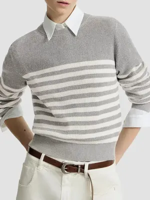 Brunello Cucinelli Sparkling Cotton Striped English Rib Sweater
