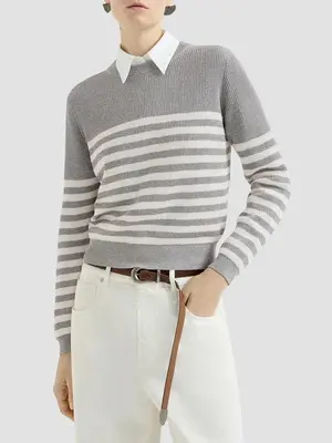 Brunello Cucinelli Sparkling Cotton Striped English Rib Sweater