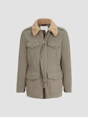 Brunello Cucinelli Waxed Techno Cotton Safari Jacket With Nappa Leather Inserts And Shearling Collar - Medium Grey