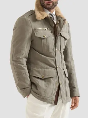 Brunello Cucinelli Waxed Techno Cotton Safari Jacket With Nappa Leather Inserts And Shearling Collar - Medium Grey