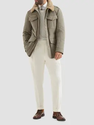 Brunello Cucinelli Waxed Techno Cotton Safari Jacket With Nappa Leather Inserts And Shearling Collar - Medium Grey
