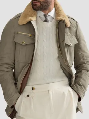 Brunello Cucinelli Waxed Techno Cotton Safari Jacket With Nappa Leather Inserts And Shearling Collar - Medium Grey